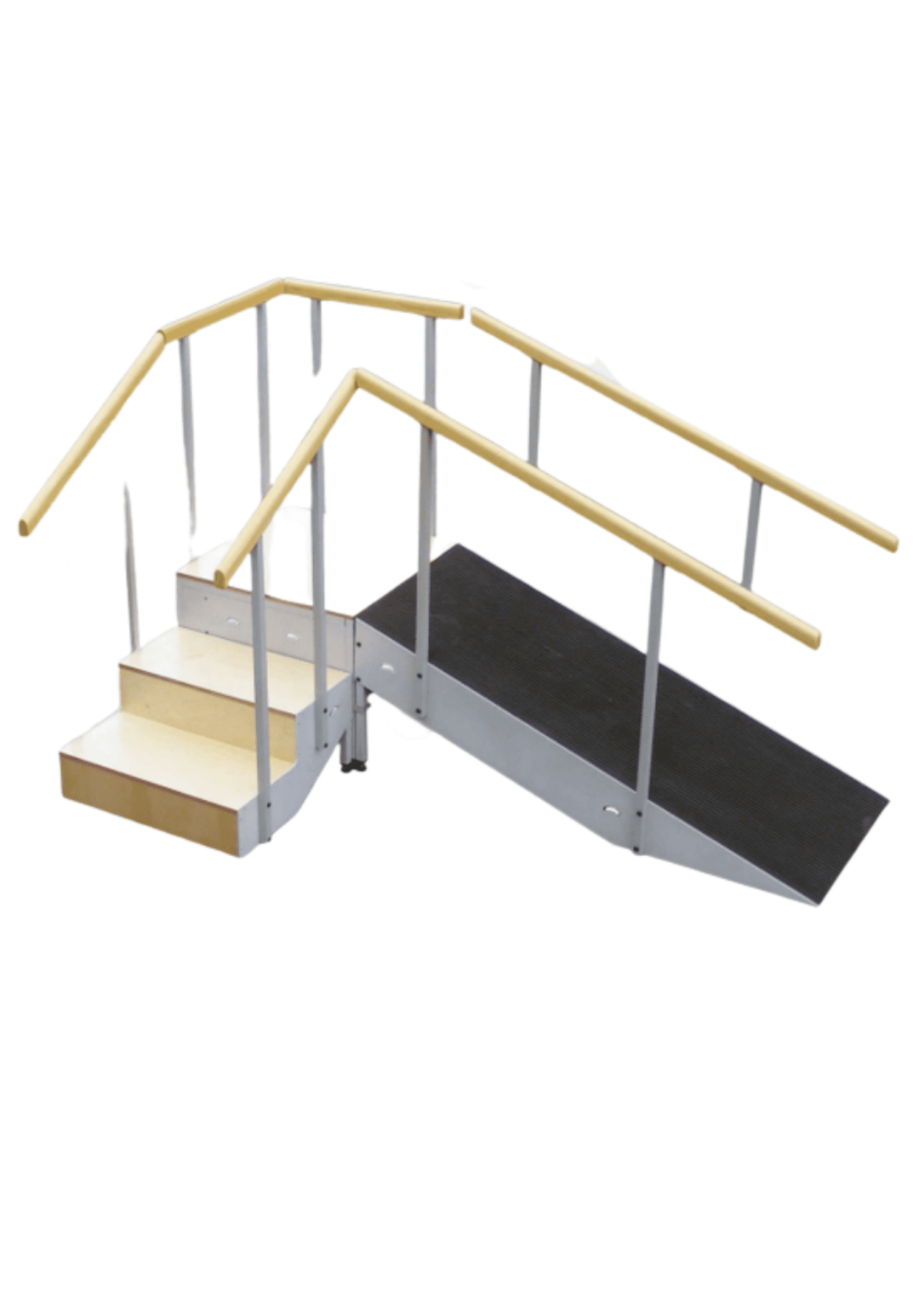 Escalera con rampa, tres escalones con pasamanos fijo